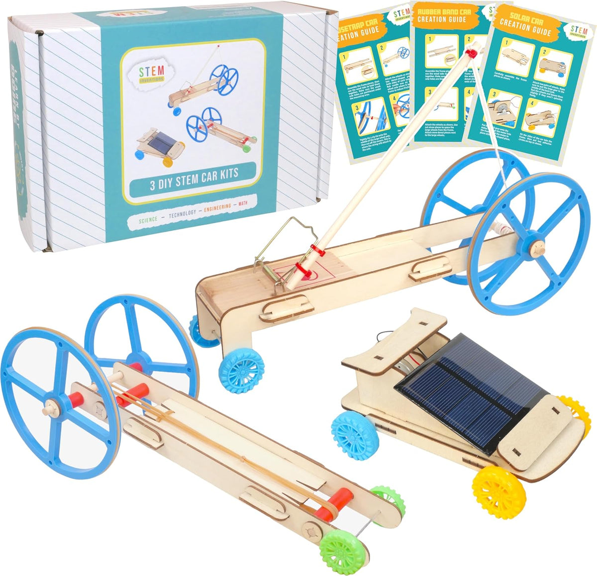 STEM Kit – 3 DIY Car Projects Powered by Rubber Bands, a Solar Cell, a ...